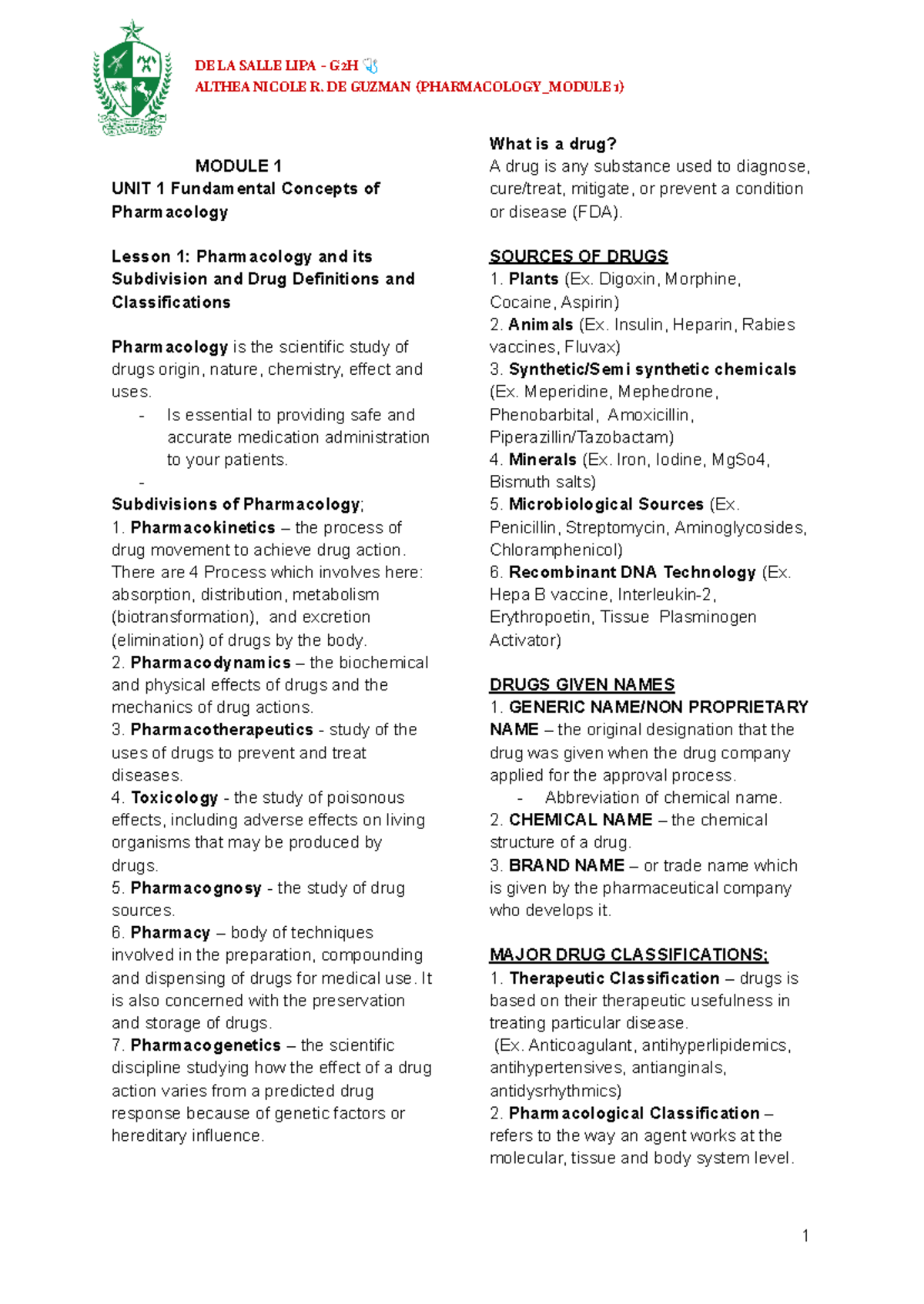 Pharma Module 1 - ALTHEA NICOLE R. DE GUZMAN (PHARMACOLOGY_MODULE 1) MODULE 1 UNIT 1 Fundamental ...