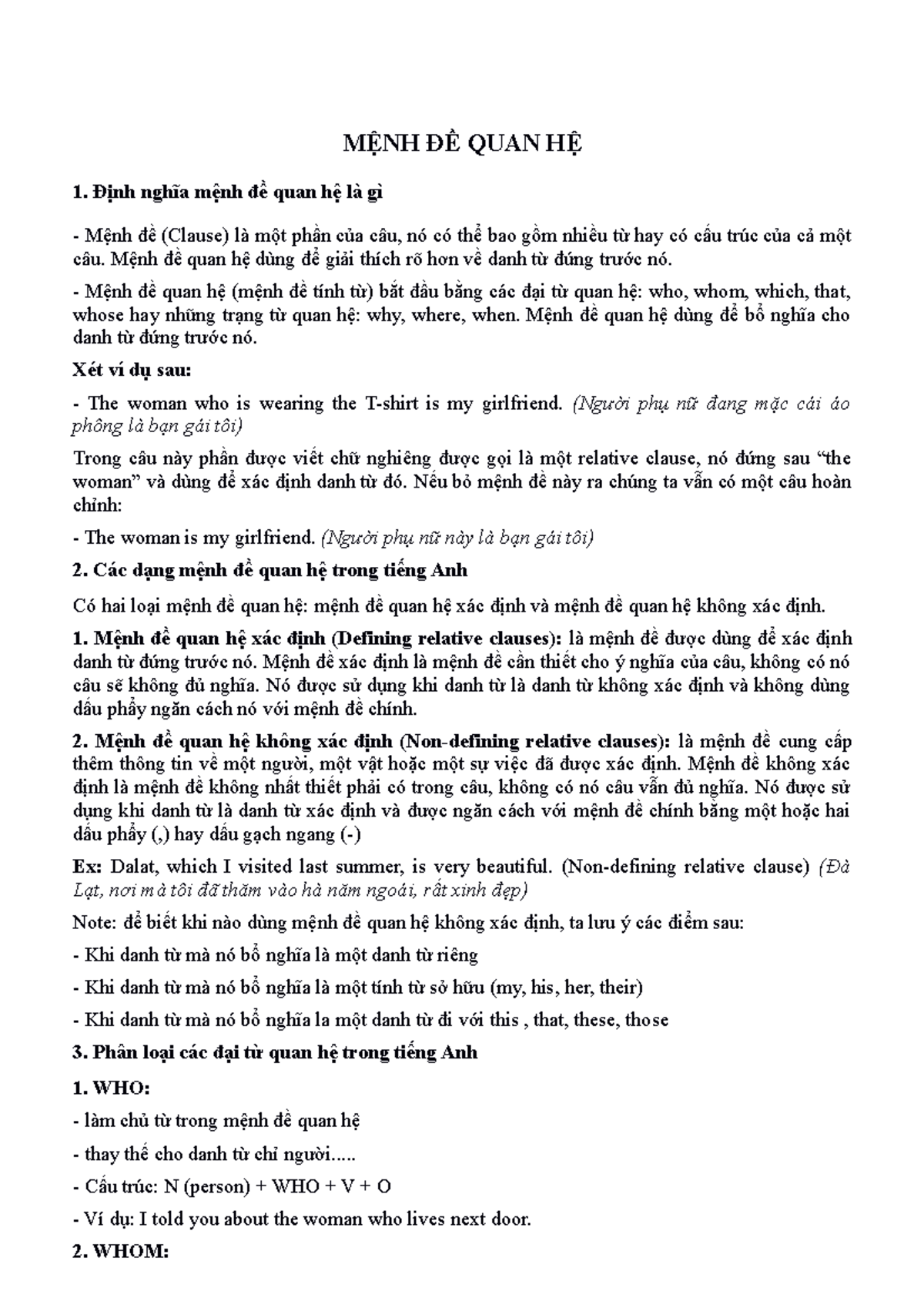 Menh de quan he relative clauses - MỆNH ĐỀ QUAN HỆ Định nghĩa mệnh đề ...