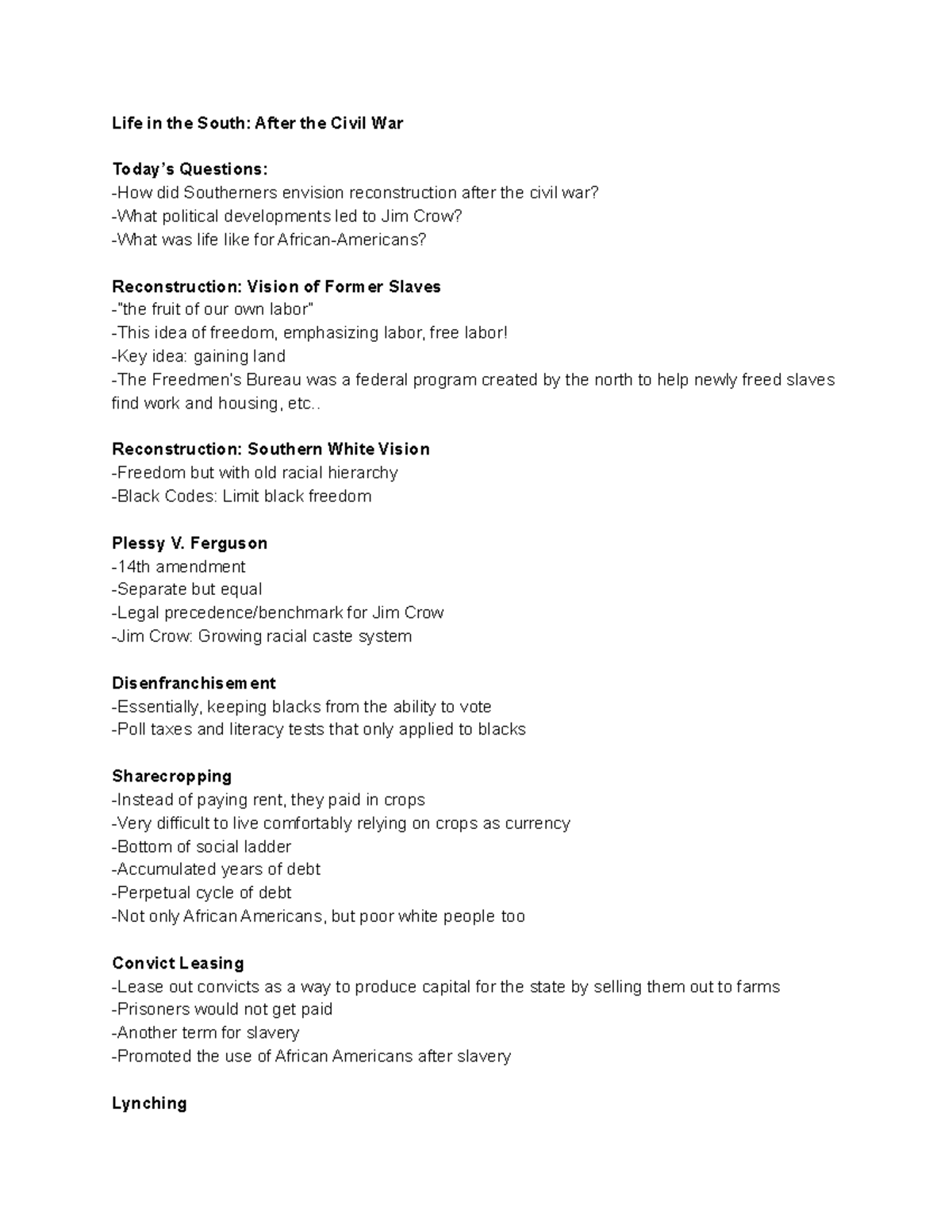 AMH Day 4 Jim Crow - Lecture notes Day 4: Jim Crow Era - Life in the ...