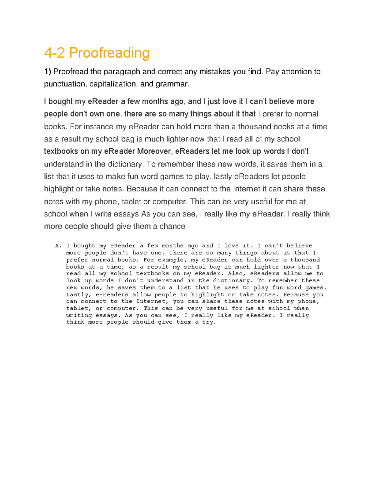 4-2 Proofreading - Proofread the paragraph and correct any mistakes you ...