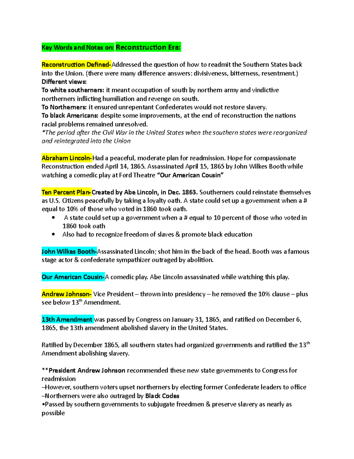 Key Words for Exam and Notes Reconstruction Era - Key Words and Notes ...