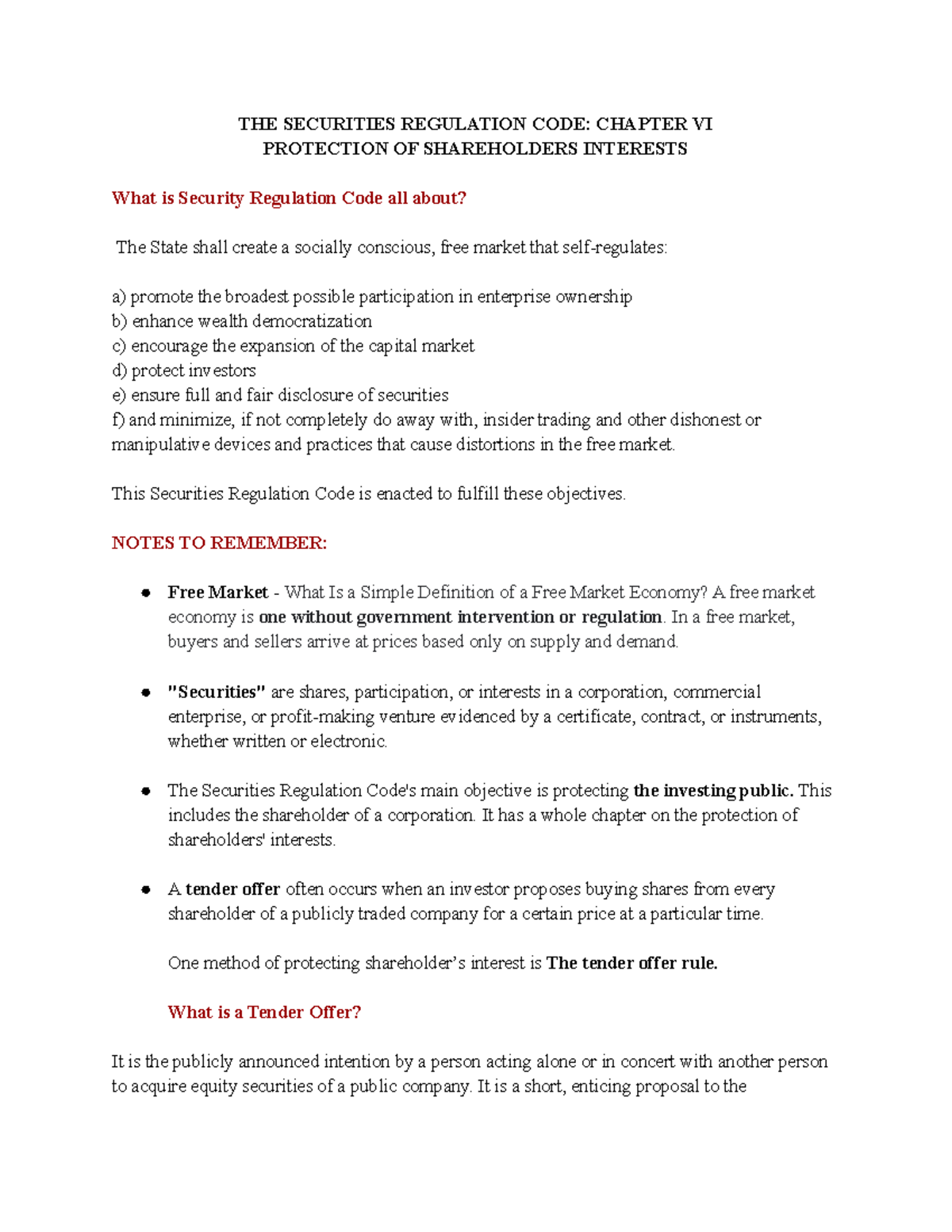 SRC Chapter 6 - Summaries - THE SECURITIES REGULATION CODE: CHAPTER VI ...