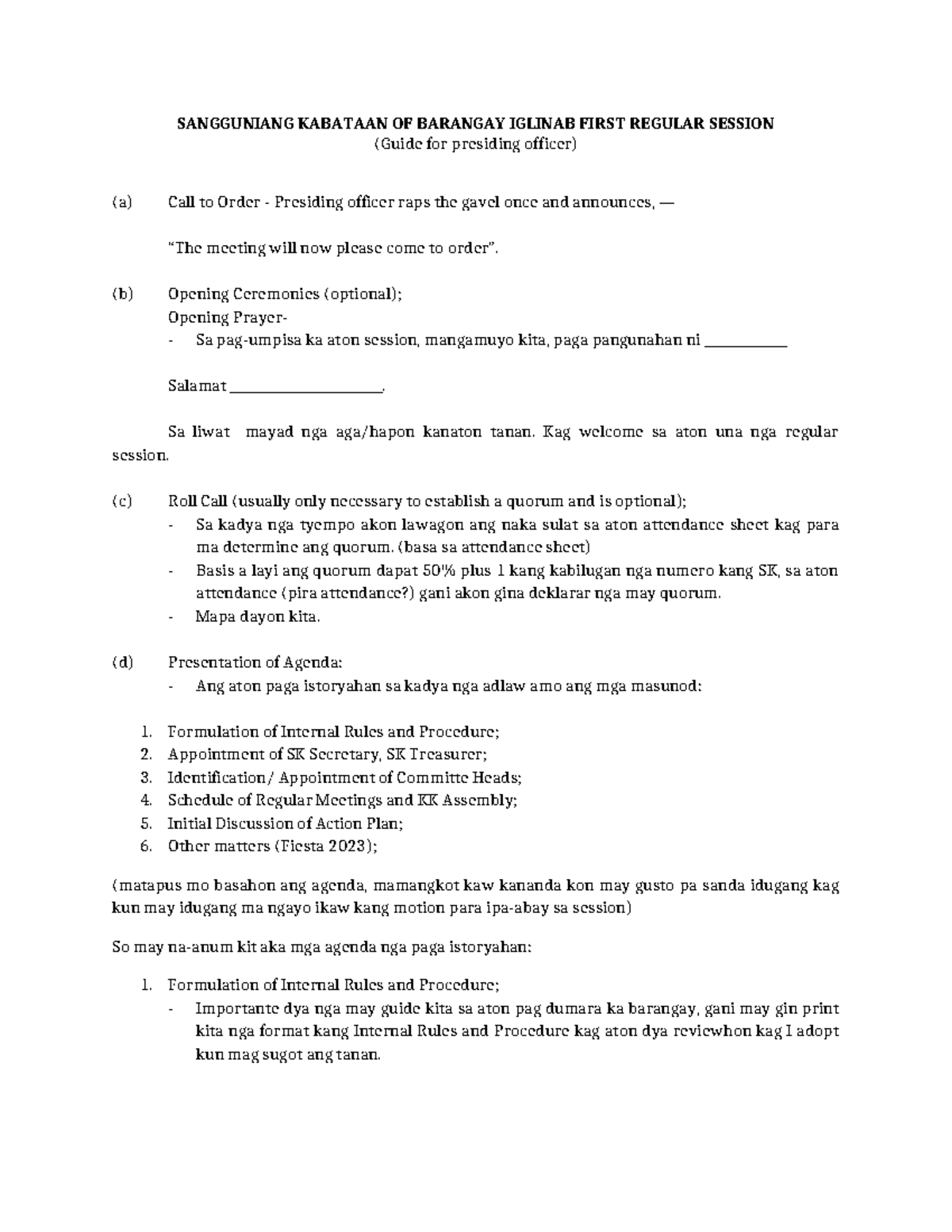 Sangguniang Kabataan OF Barangay Iglinab First Regular Session ...