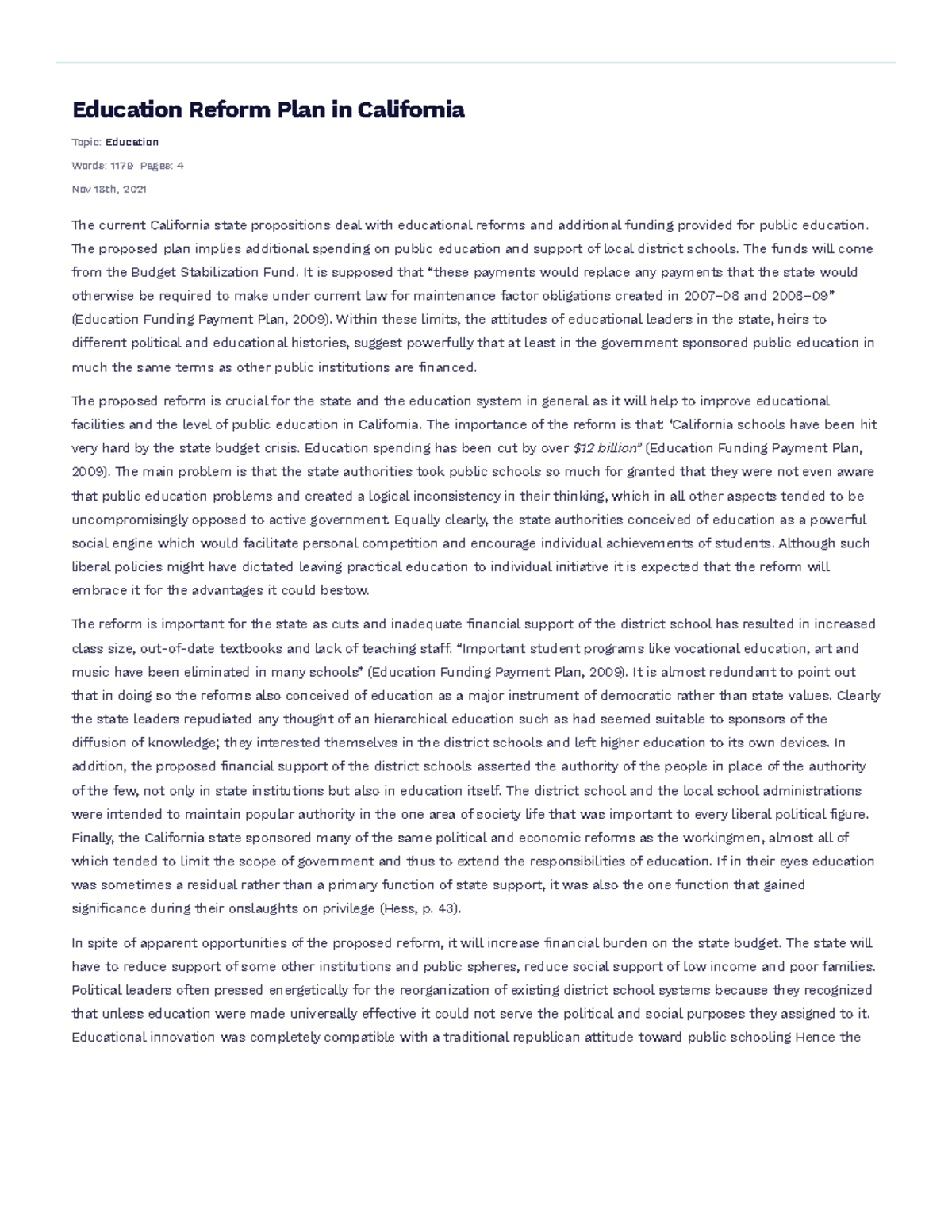 Education Reform Plan in California Free Essay Example - Education ...