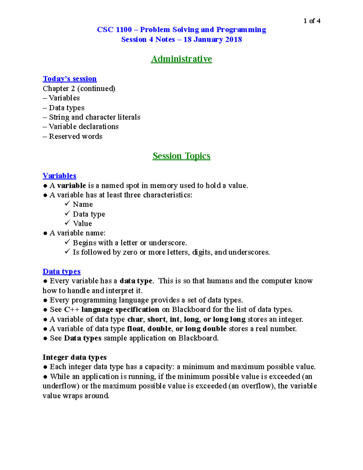 CSC1100 Dan O Session 04Notes 2018 0118 - 1 of 4 CSC 1100 Problem ...