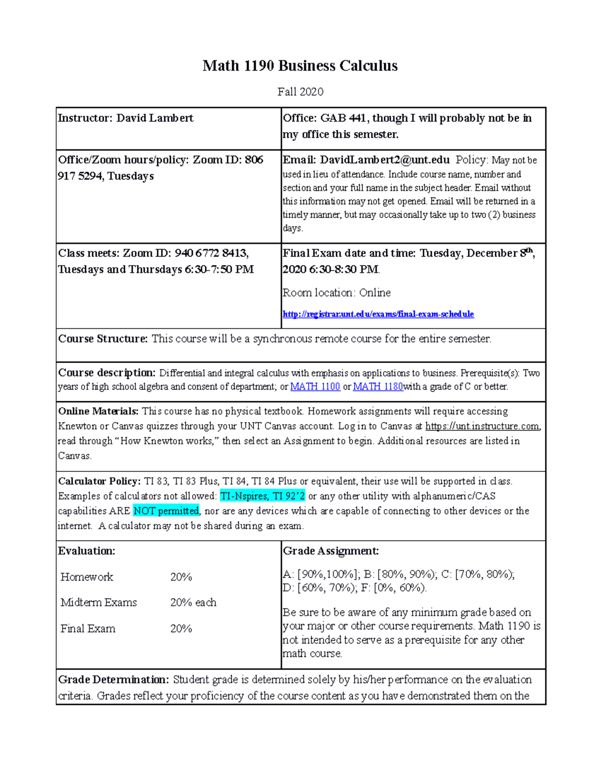 1190 Syllabus Fall 2020 Lecture Lambert David Math 1190 Business