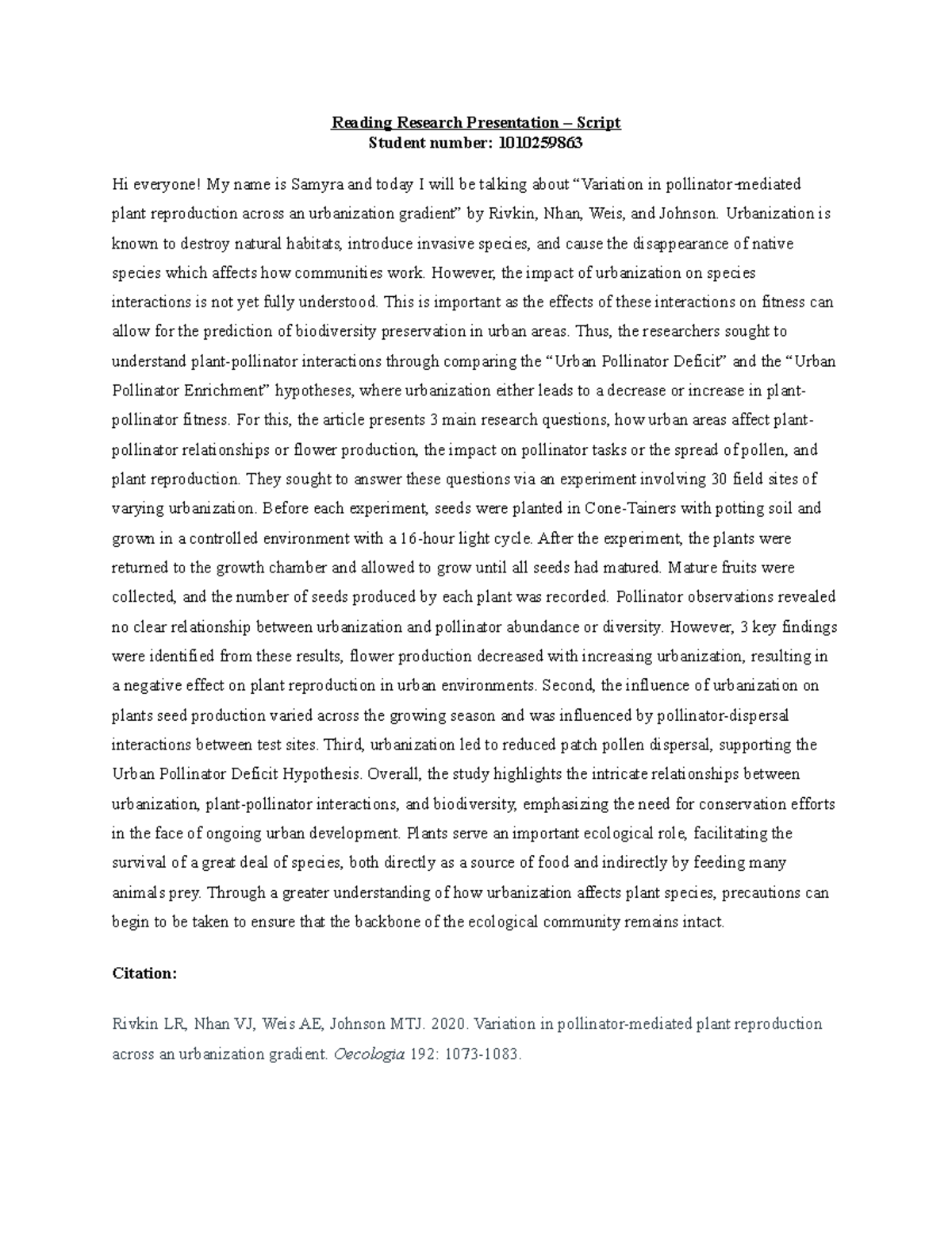 BIO120 Reading Research Presentation script - Lab report #5 - Reading ...