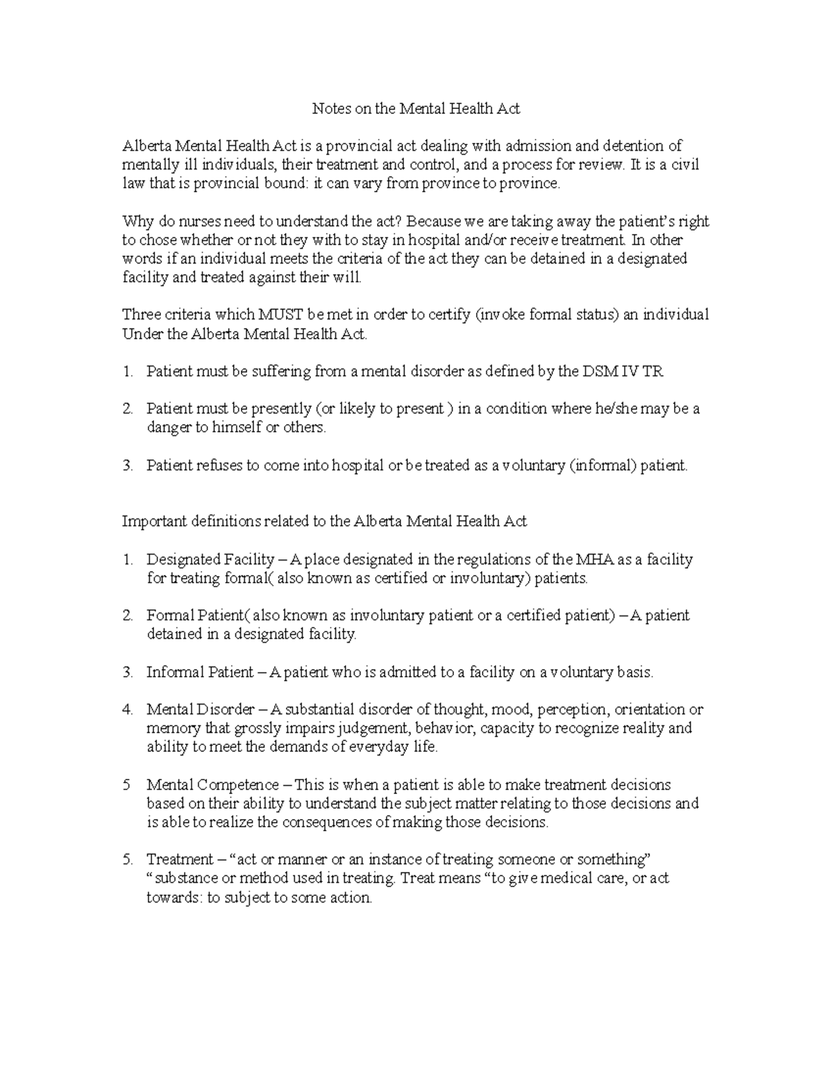 Notes On The Mental Health Act Notes On The Mental Health Act Alberta
