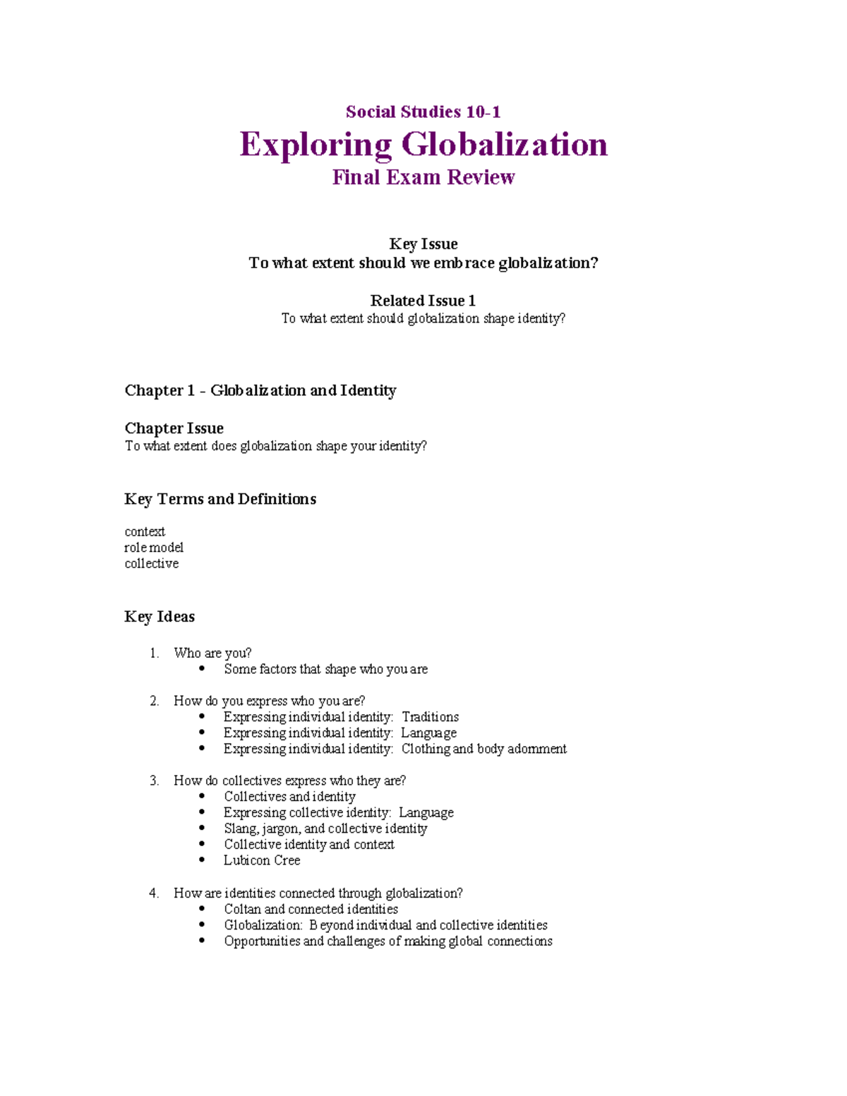 5 final exam review 2016 - Social Studies 10- Exploring Globalization ...