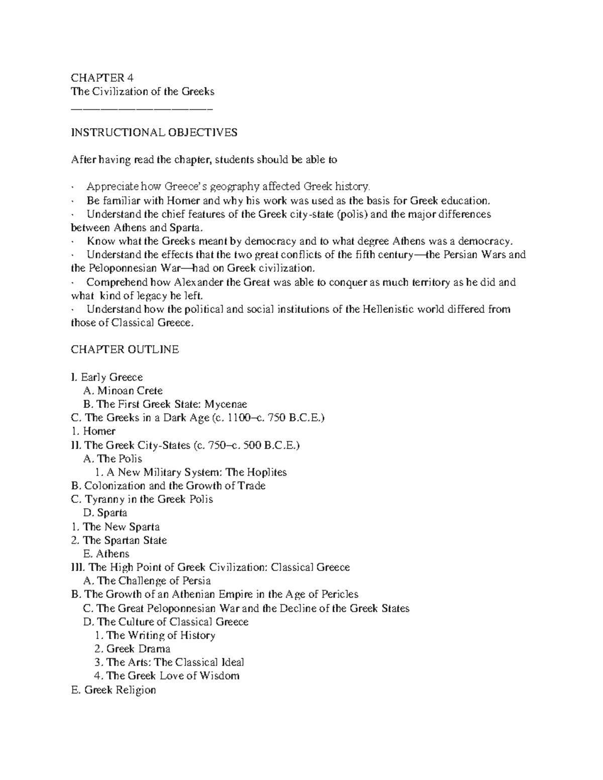 Chapter Four Outline - CHAPTER 4 The Civilization of the Greeks ...