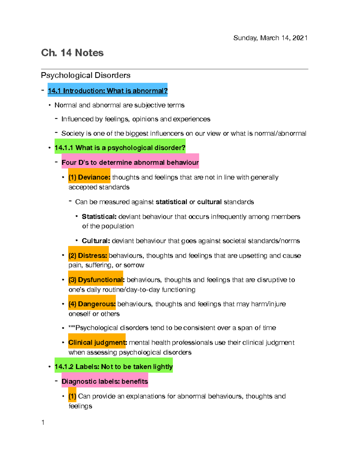 PSY1102 Ch - Lecture notes Psychological disorders - Ch. 14 Notes ...