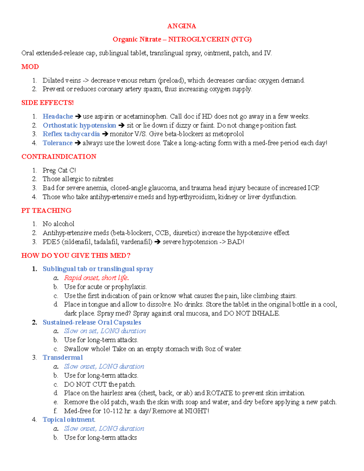 Med for Angina - Heart attack - ANGINA Organic Nitrate – NITROGLYCERIN ...