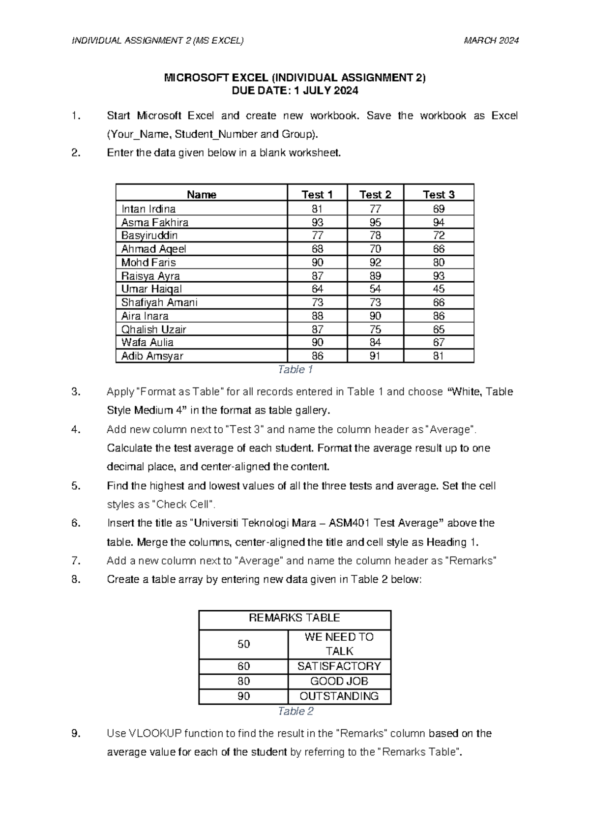 IND Assignment MS Excel BTM452 March 2024 - INDIVIDUAL ASSIGNMENT 2 (MS ...