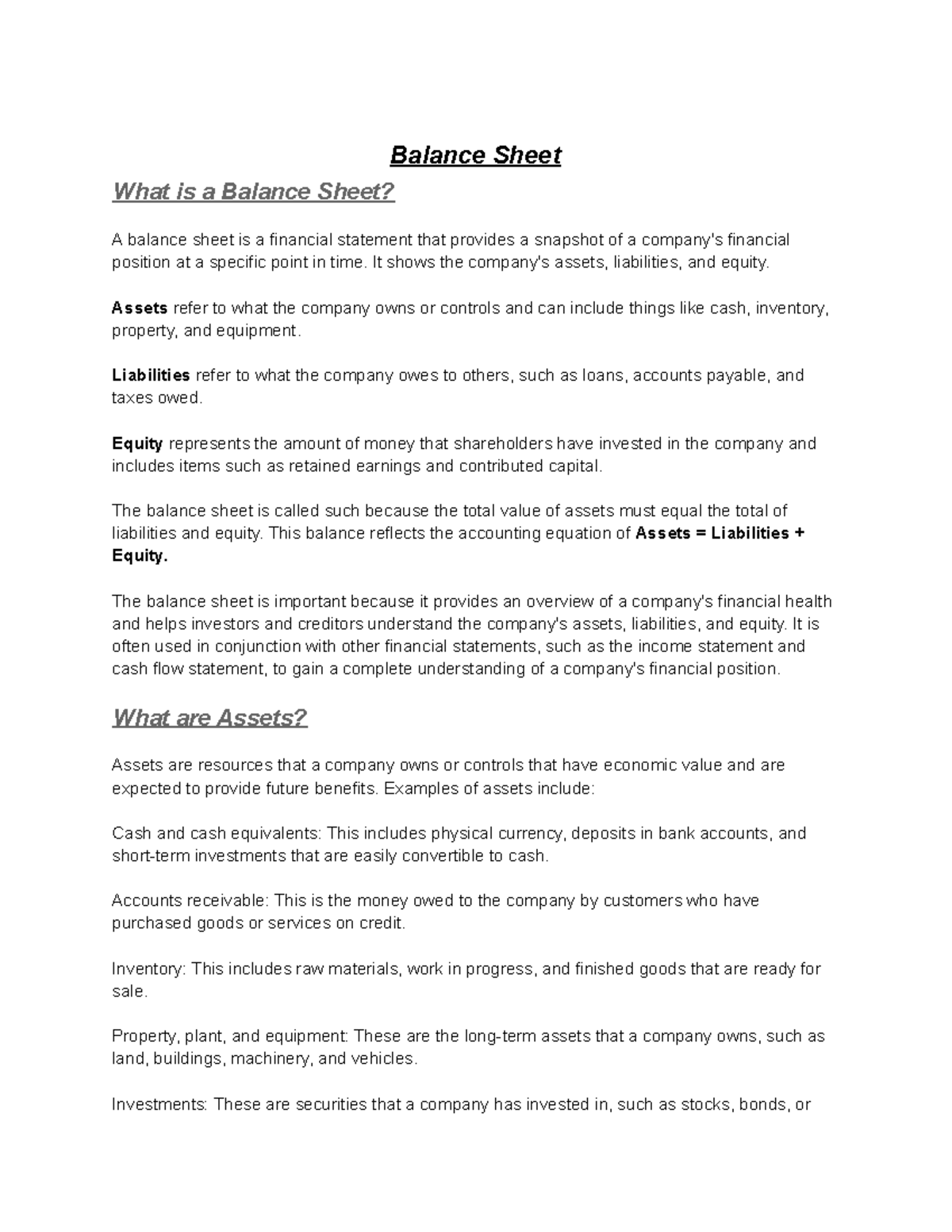 Balance Sheet - Balance Sheet What is a Balance Sheet? A balance sheet ...