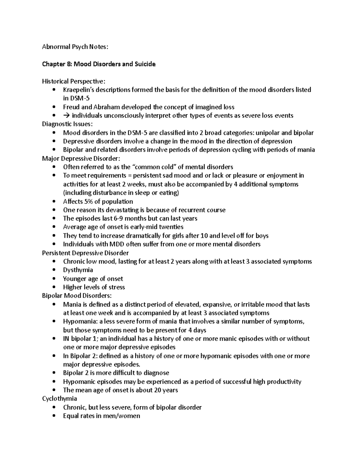 Abnormal Psych Notes - Abnormal Psych Notes: Chapter 8: Mood Disorders ...
