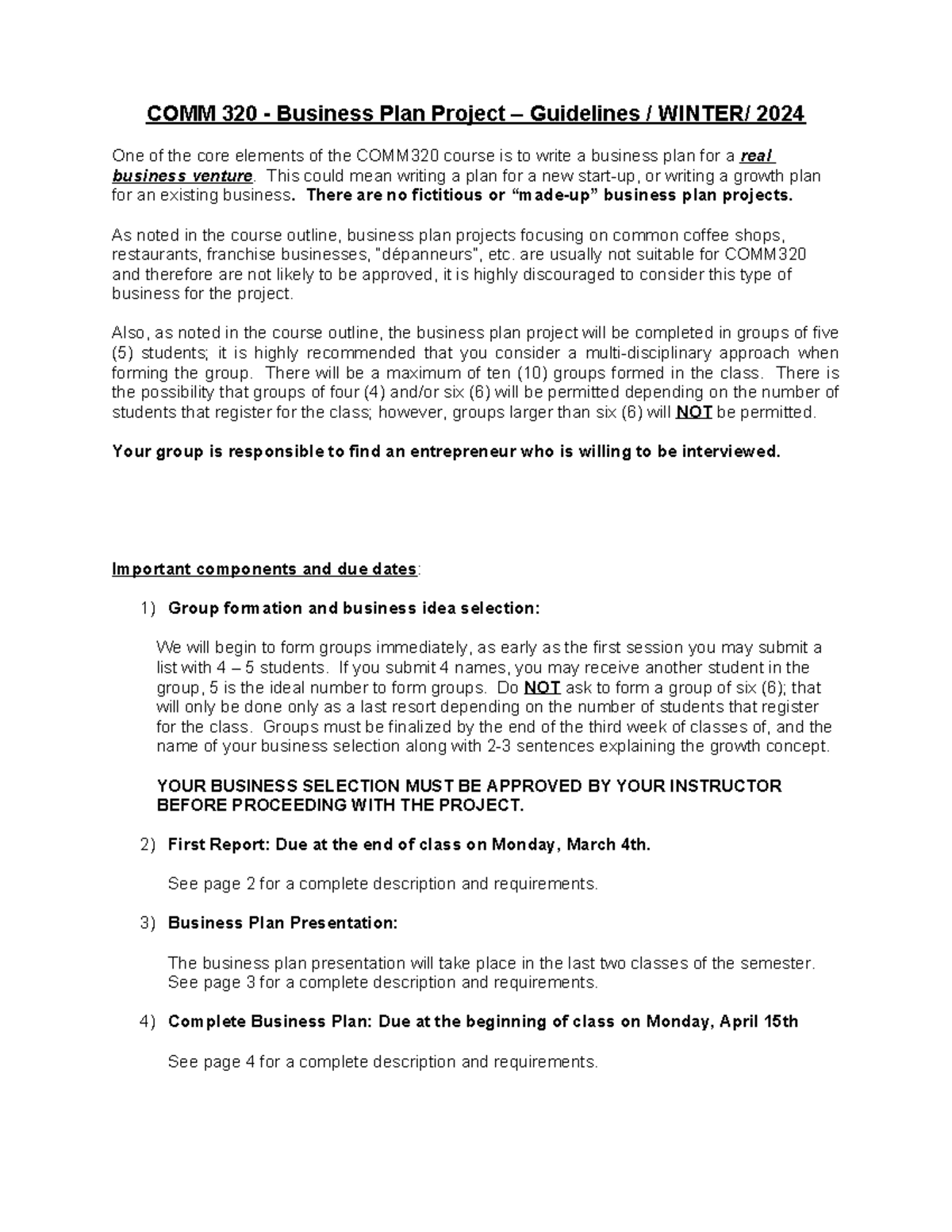 COMM320 Business Plan Project Instructions - COMM 320 - Business Plan Project – Guidelines ...