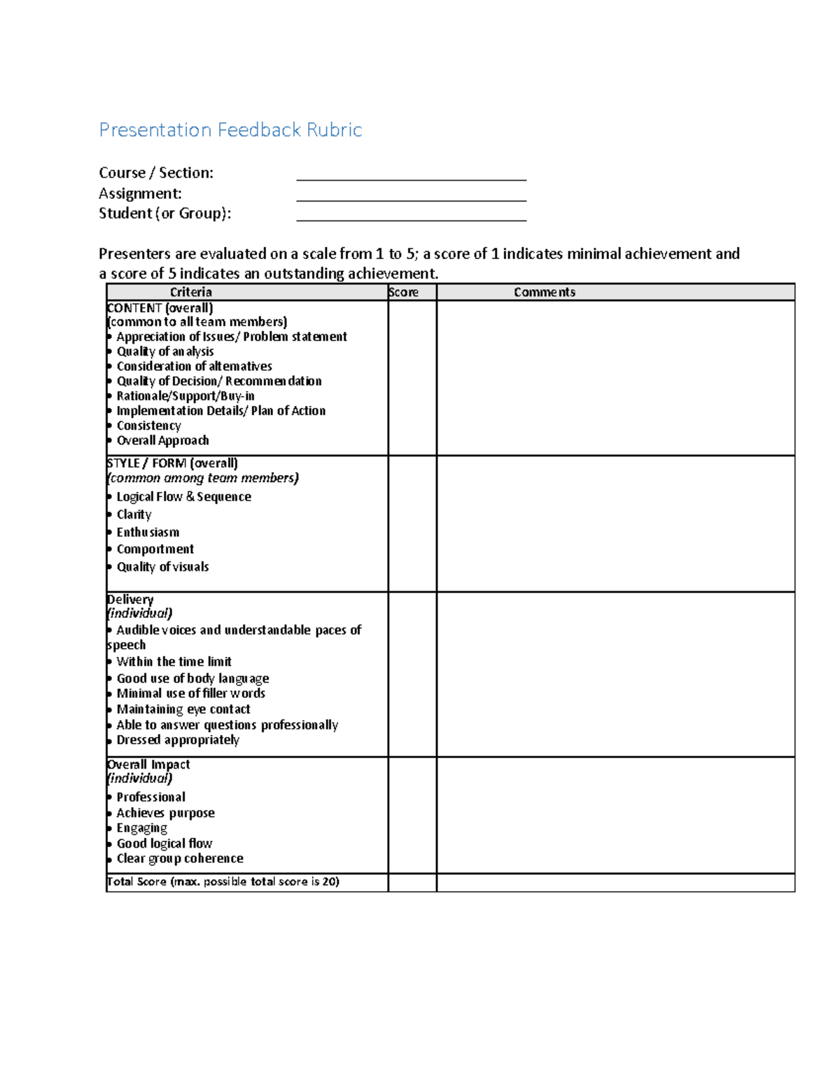 301 Presentation Feedback Rubric - Presentation Feedback Rubric Course ...