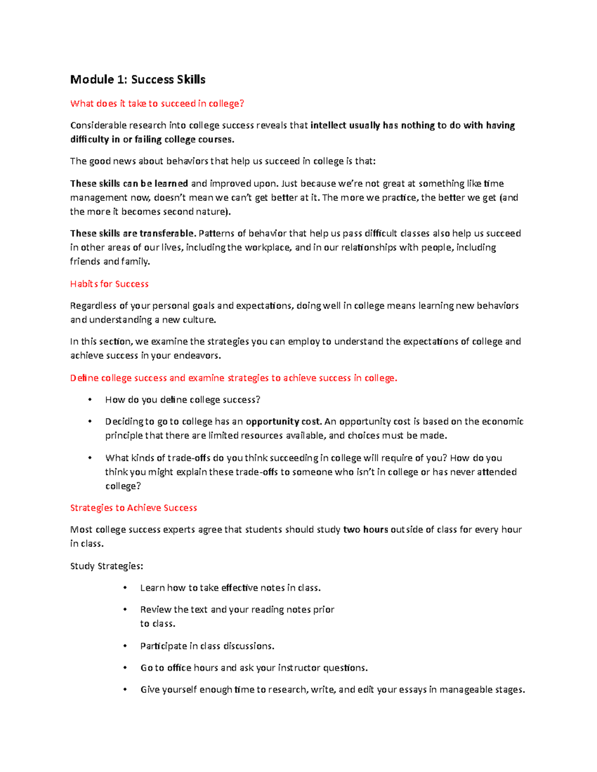 Module 1 - Notes on how to be successful in college. - Module 1 ...