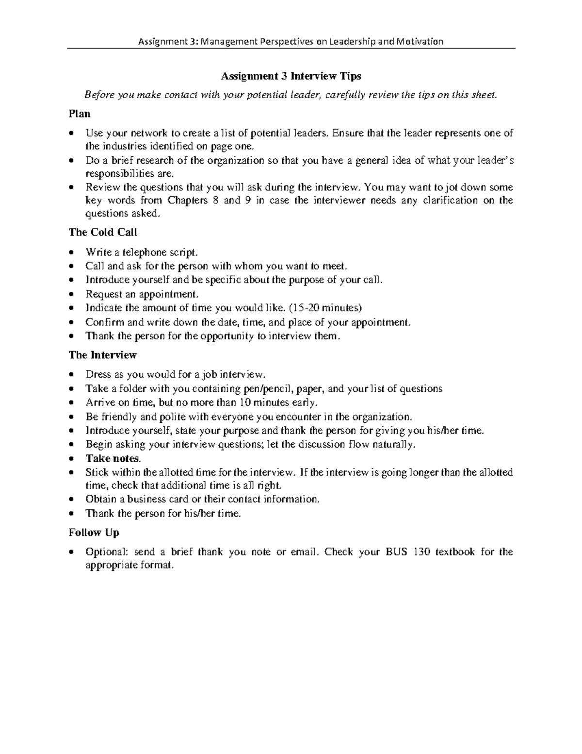 3 Interview Tips - Assignment 3: Management Perspectives on Leadership ...