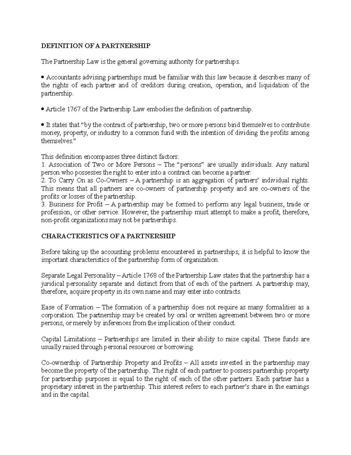 Nature, scope and objectives of partnership - DEFINITION OF A ...