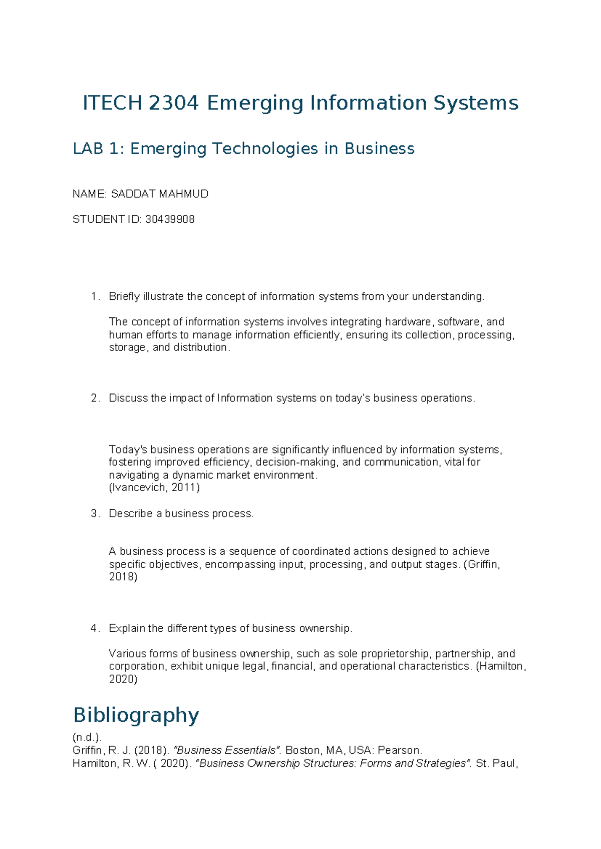 Itech 2304 Lab 01 - ITECH 2304 Emerging Information Systems LAB 1 ...