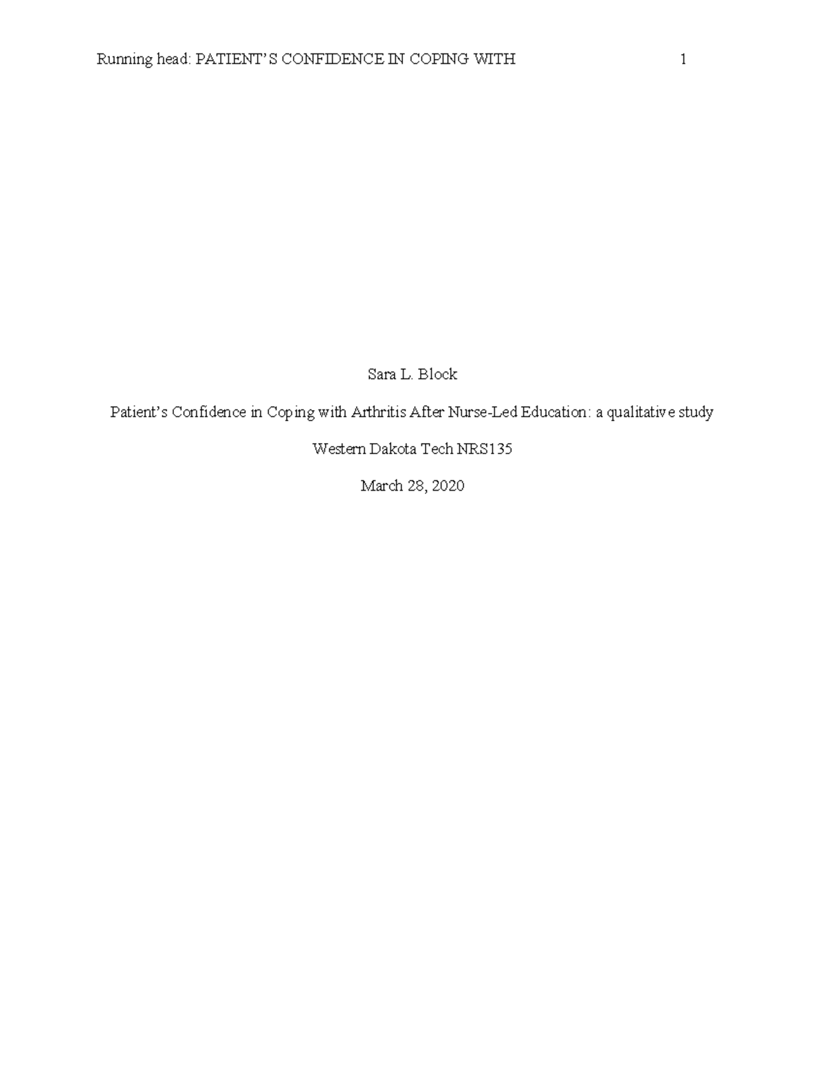 Sara Block EBP Paper - Assignment - Running head: PATIENT’S CONFIDENCE ...