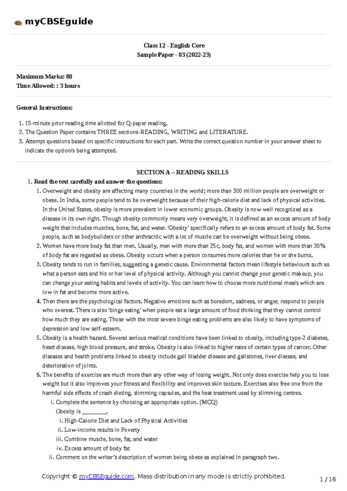12 english core sp03 - Notes - Class 12 - English Core Sample Paper ...