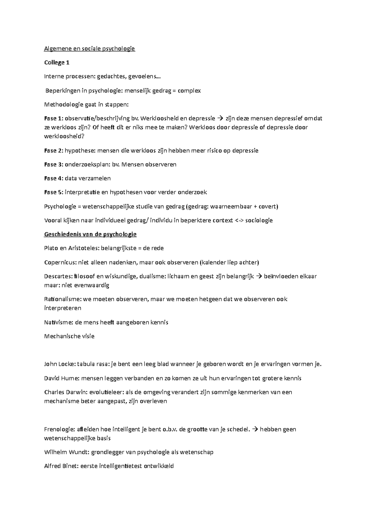 Psychologie: college 1 - Algemene en sociale psychologie College 1 ...