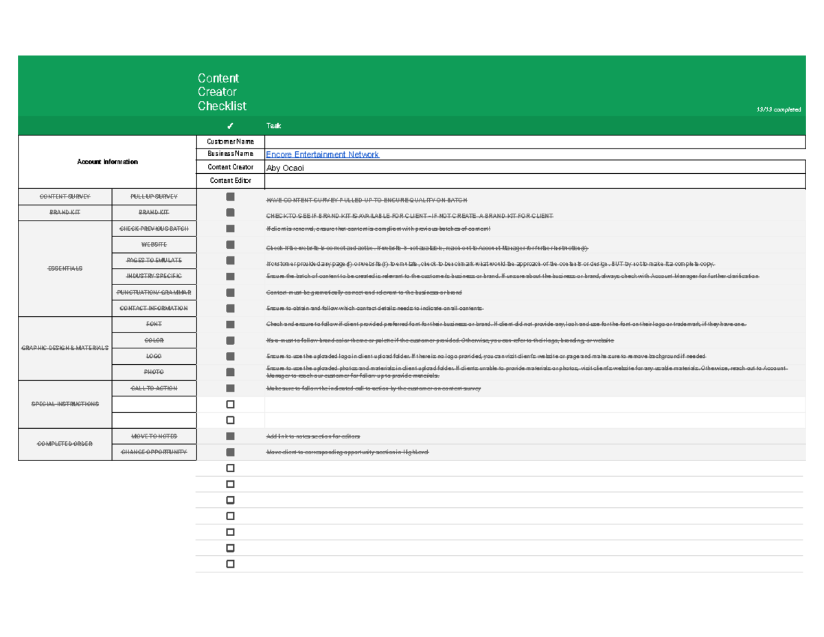 ABY TO DO - To do - a sample activity - Content Creator Checklist 13/13 ...