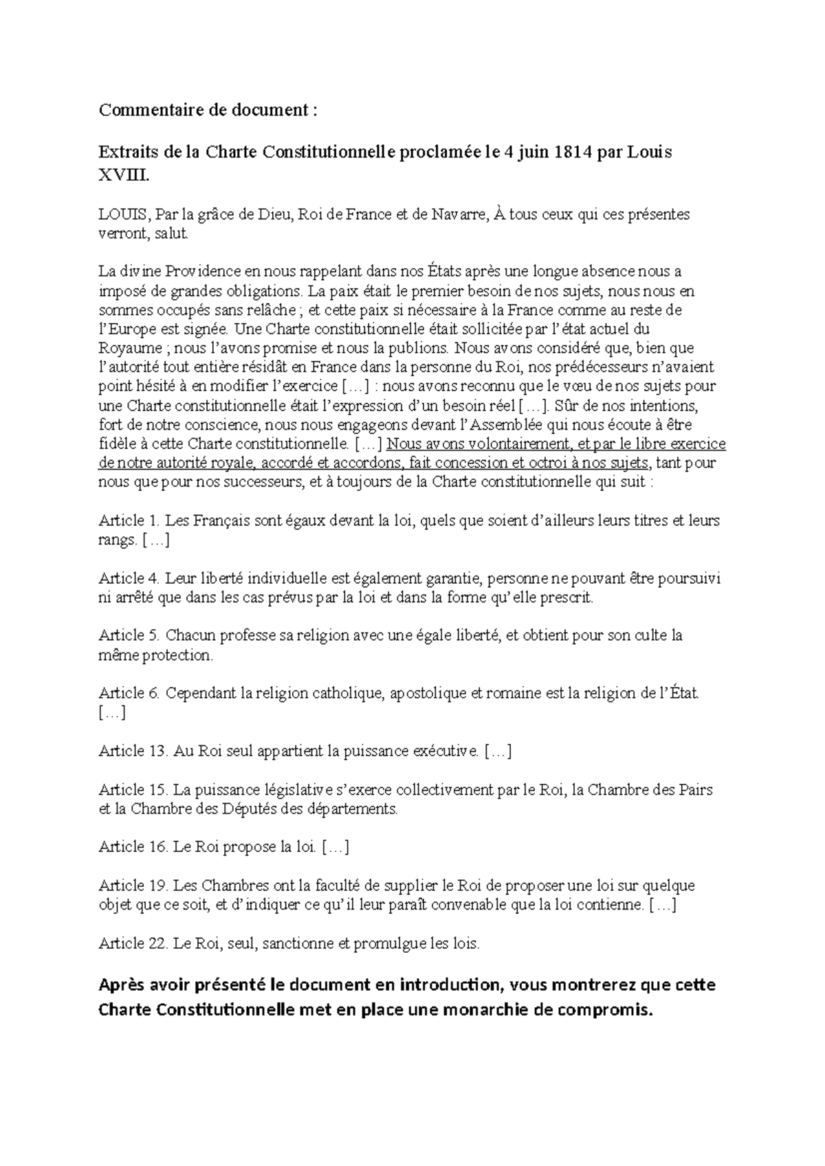 Charte Constitutionnelle de 1814 - Commentaire de document : Extraits ...