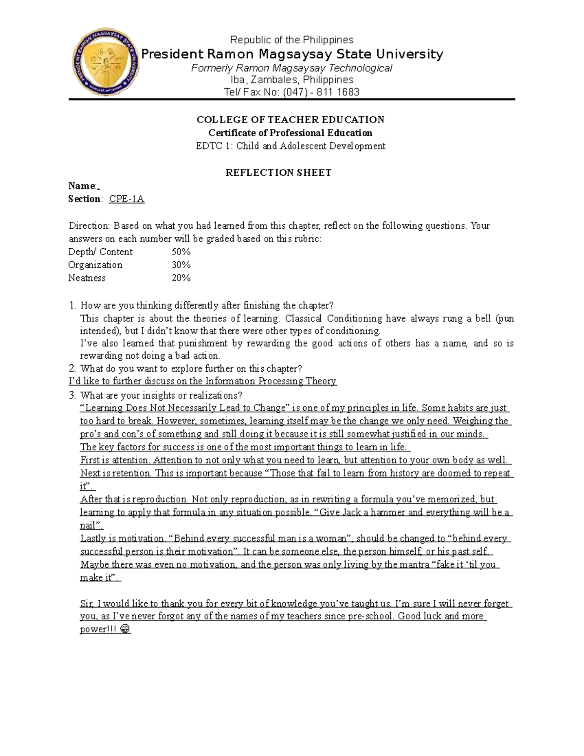 EDTC1 - Chapter 10 Reflection - Copy - Republic of the Philippines ...