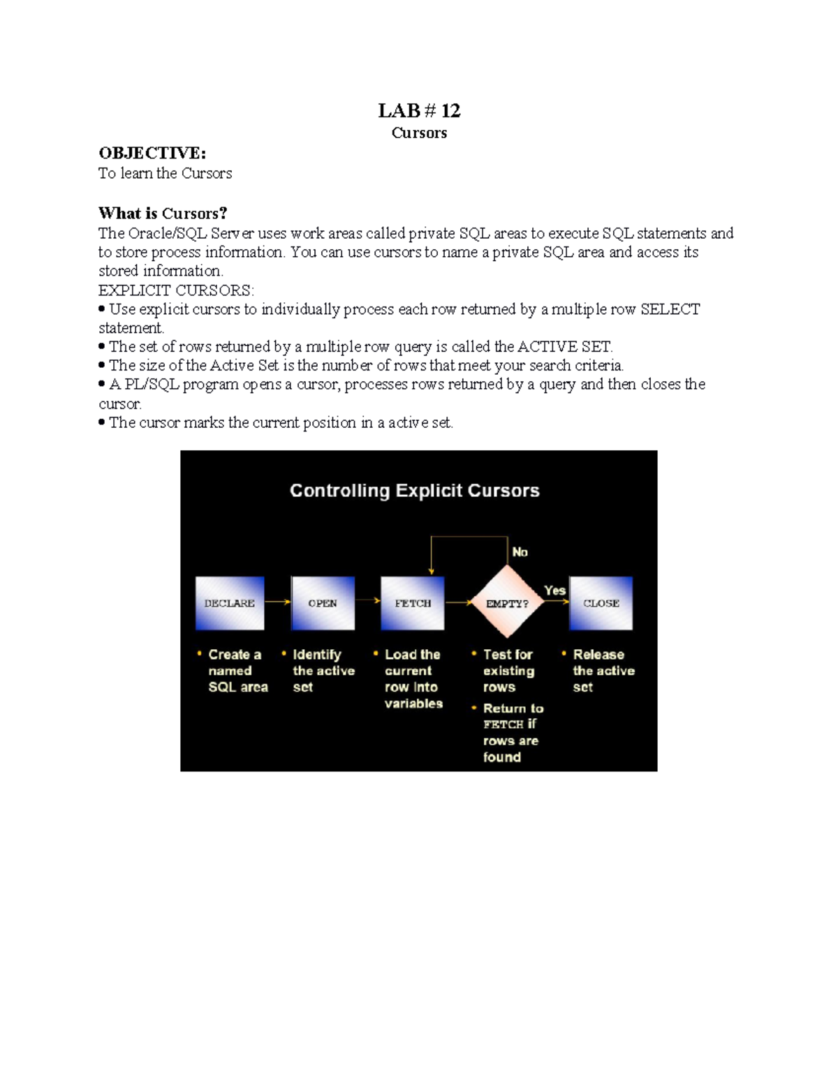 LAB # 12 - LAB # 12 Cursors OBJECTIVE: To learn the Cursors What is Cursors? The Oracle/SQL ...