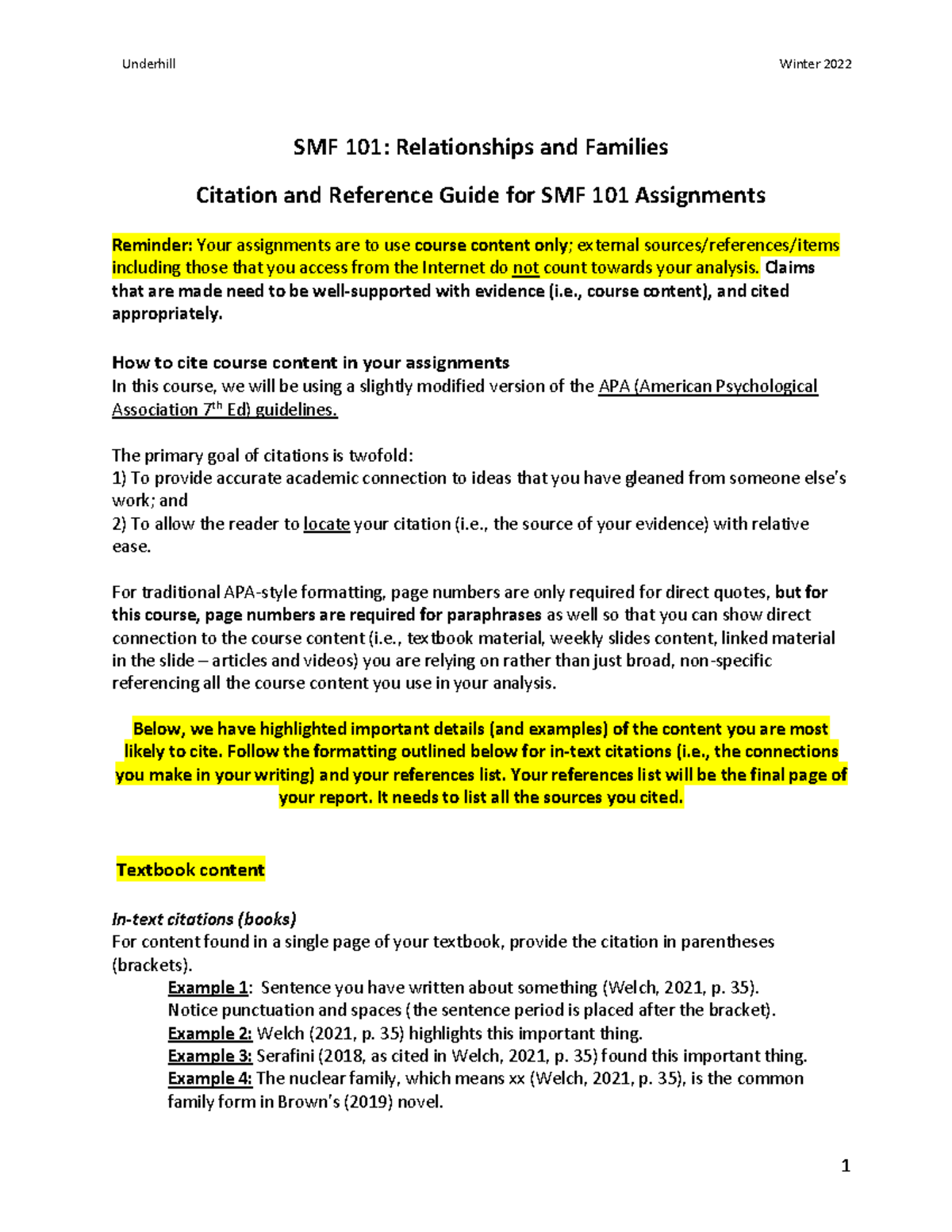 SMF 101- Assignment Citation and Referencing W2022 - SMF 101: Relationships and Families ...