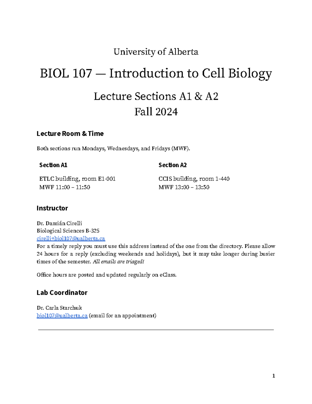 Syllabus BIOL 107 Fall 2024 A1 A2 - Final date change - University of ...