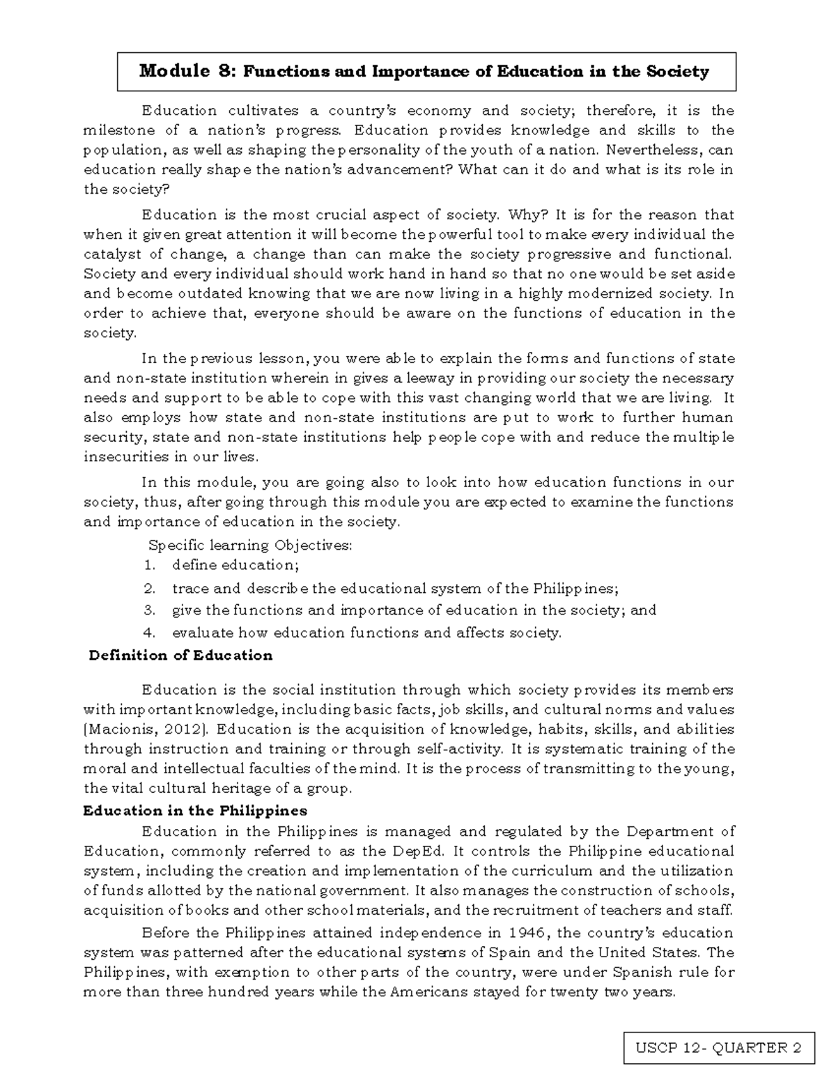 UCSP Module 8 Information Sheet - Module 8 : Functions and Importance ...