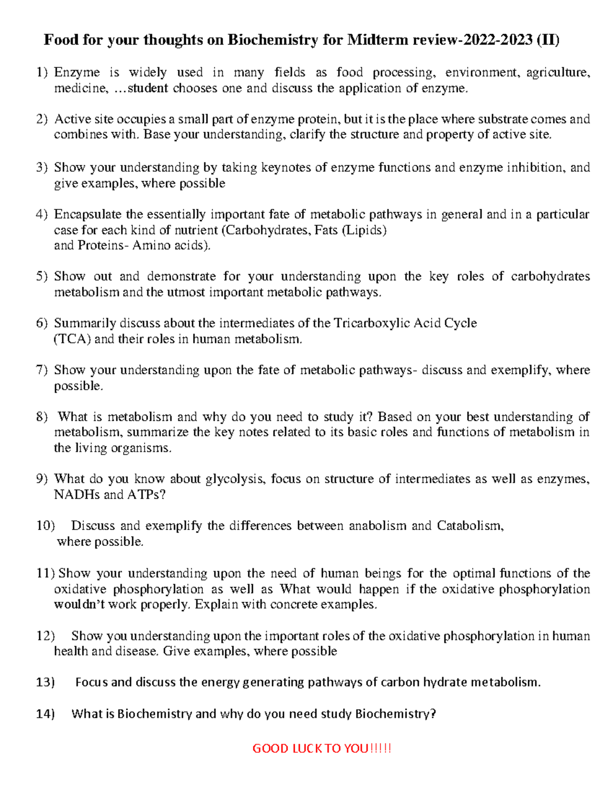 Food for your thoughts on Biochemistry for Midterm review-2022-2023(II ...
