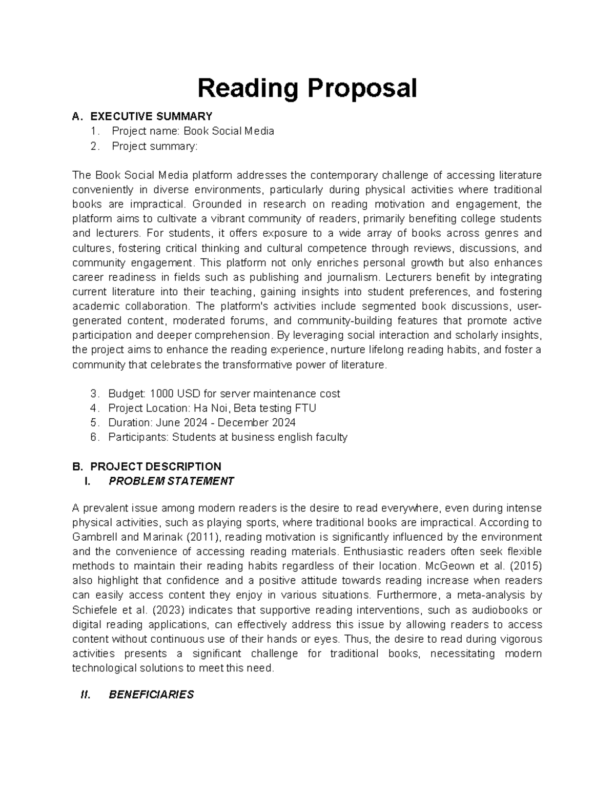 Reading-Proposal - Proposal for class - Reading Proposal A. EXECUTIVE ...
