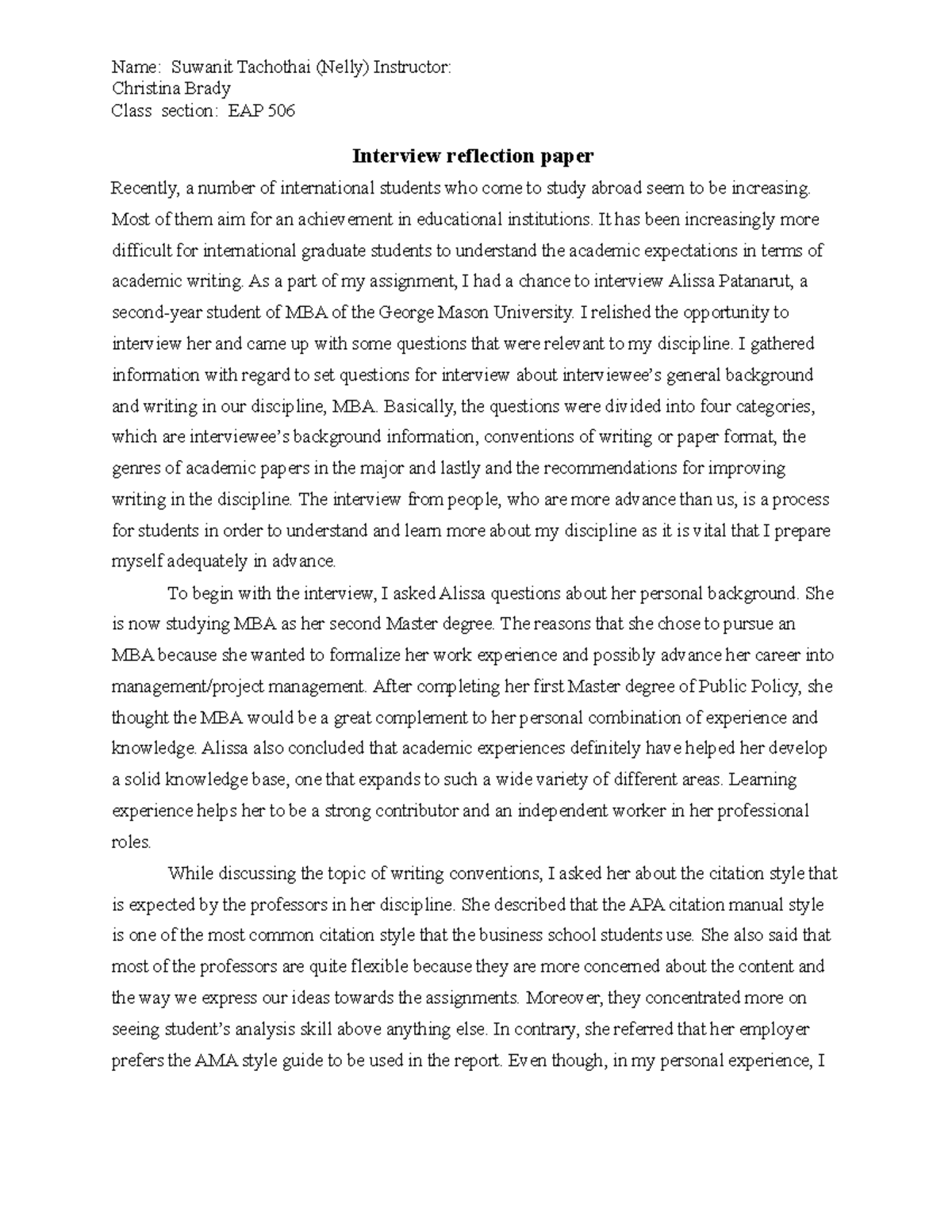 Interview-reflection-paper 2 - Name: Suwanit Tachothai (Nelly ...