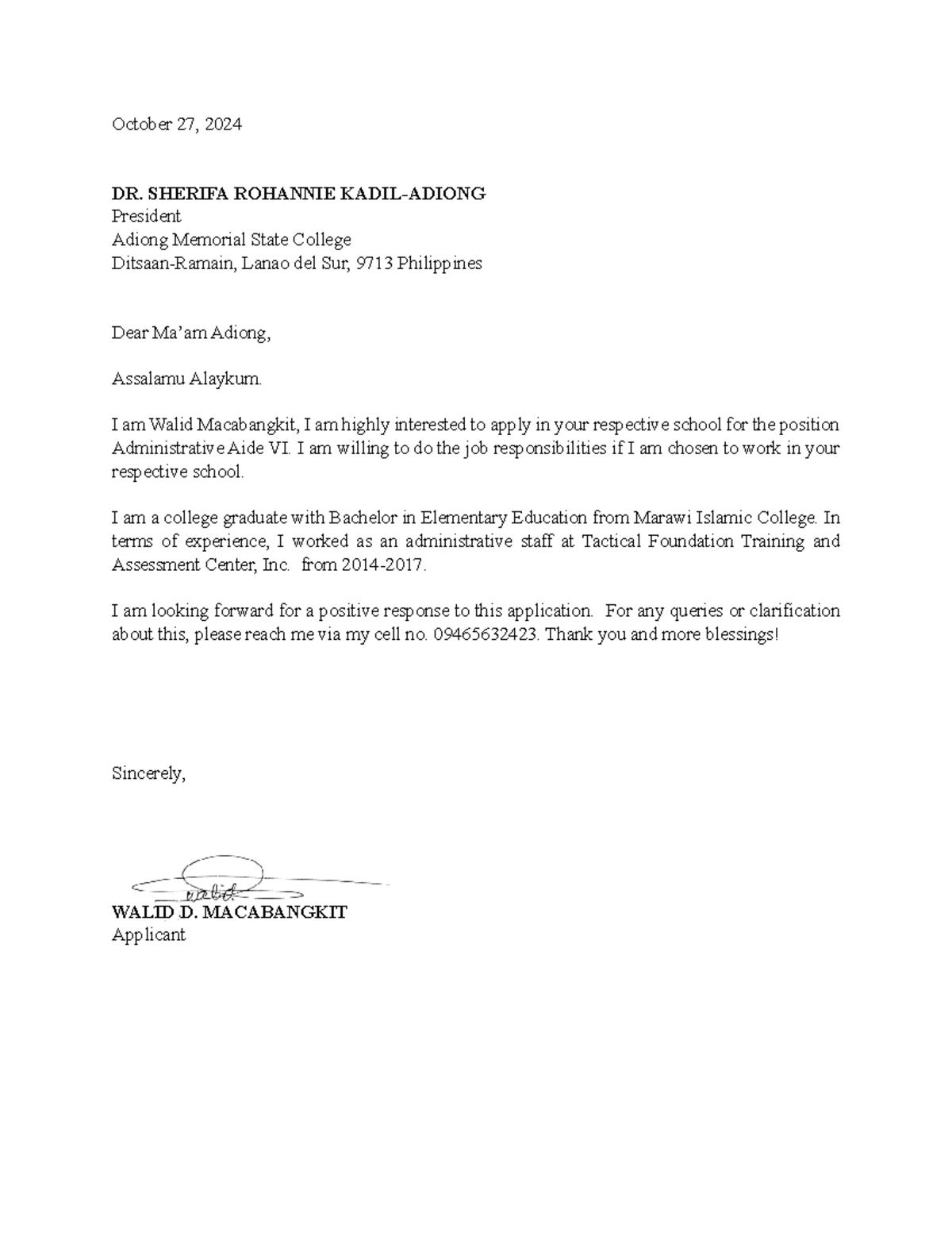 Intent Letter Sample - October 27, 2024 DR. SHERIFA ROHANNIE KADIL ...