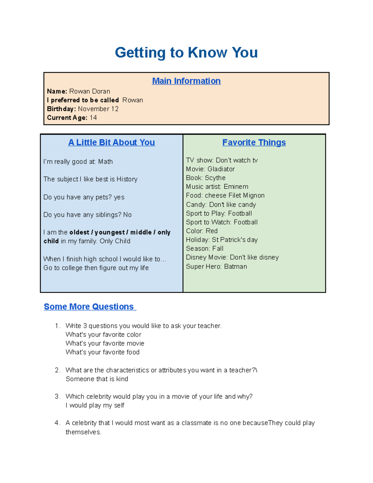 Copy of WHS+Getting+to+know+you - Getting to Know You Main Information ...