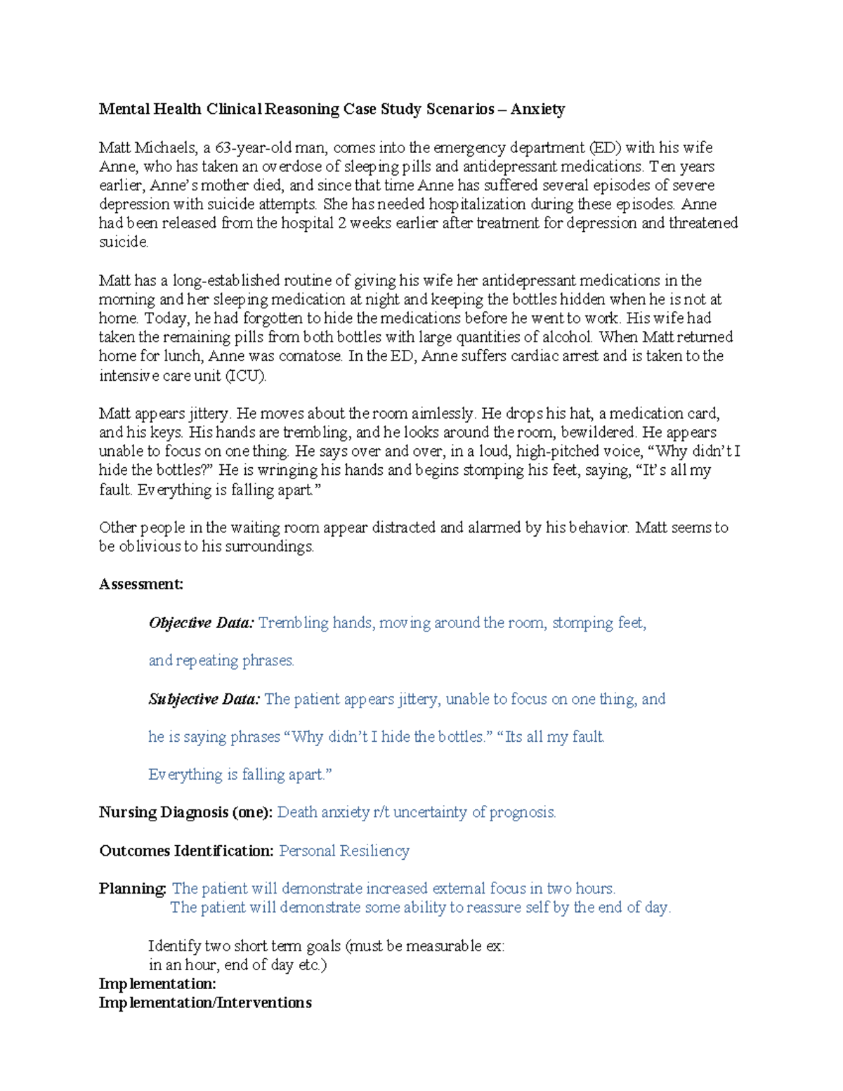 Anxiety care plan mental health class - Mental Health Clinical ...