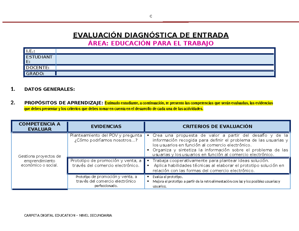 Evaluacion Diagnóstica-EPT-° - EVALUACIÓN DIAGNÓSTICA DE ENTRADA ÁREA ...