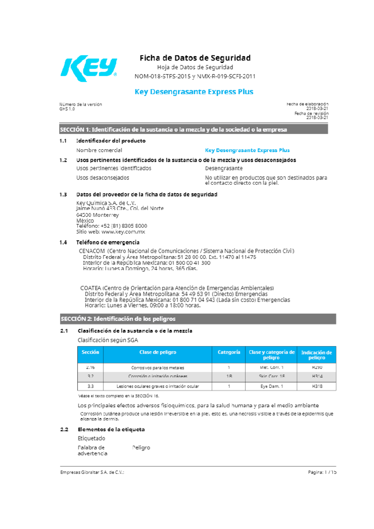 HDS Desengrasante - Hoja de seguridad de sustancia química - Ficha de ...