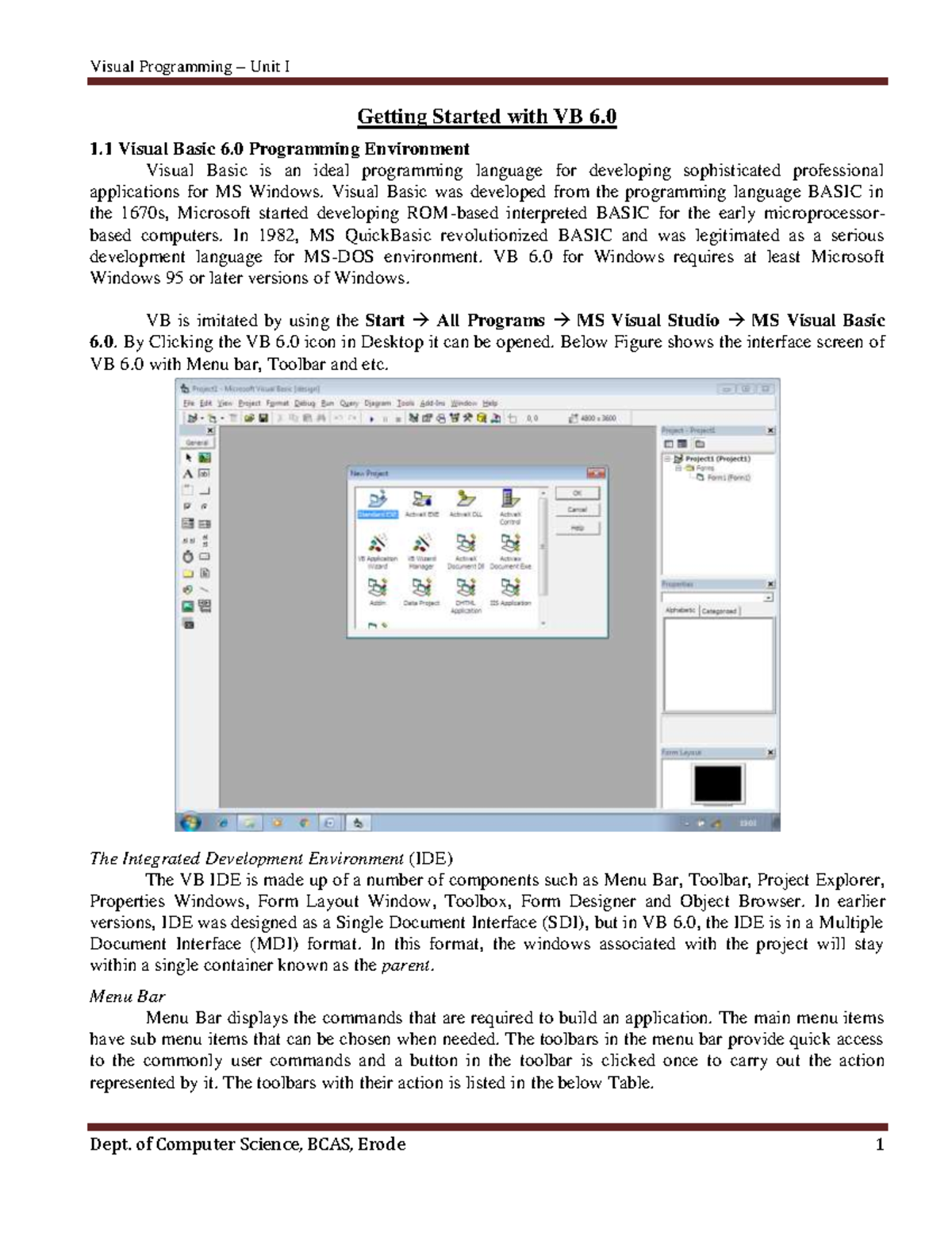 Unit I Vb 60 Notes Getting Started With Vb 6 1 Visual Basic 6 Programming Environment Visual