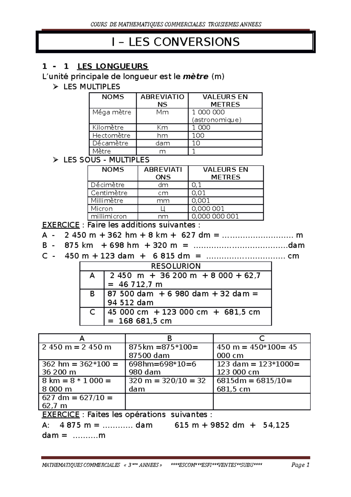 Cours Maths COM 3 - LECTURE NOTES IN MATH - I – LES CONVERSIONS 1 - 1 ...