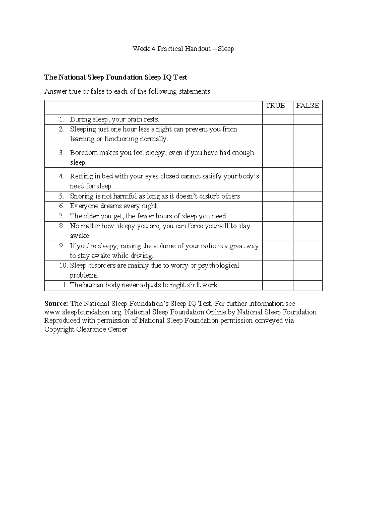 Week 4 Practical Handout – Sleep - Week 4 Practical Handout – Sleep The ...