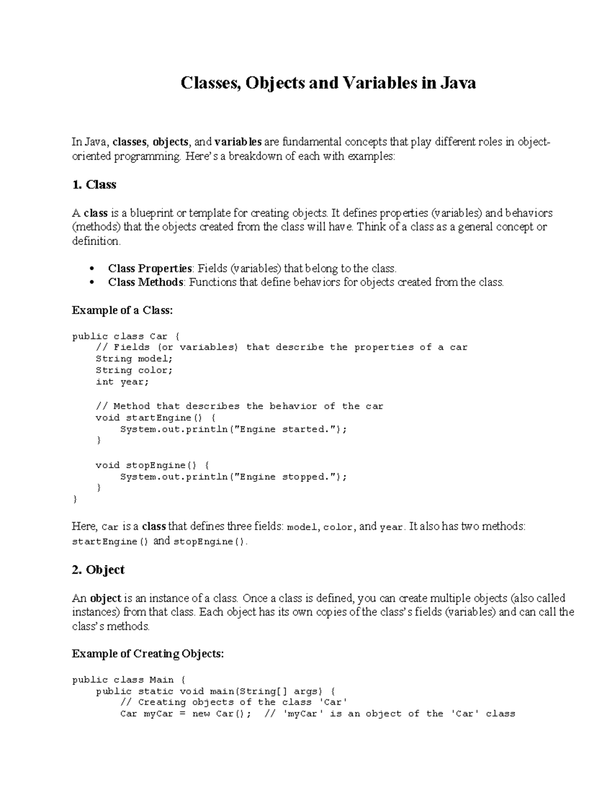 Classes Objects And Variables In Java Classes Objects And Variables
