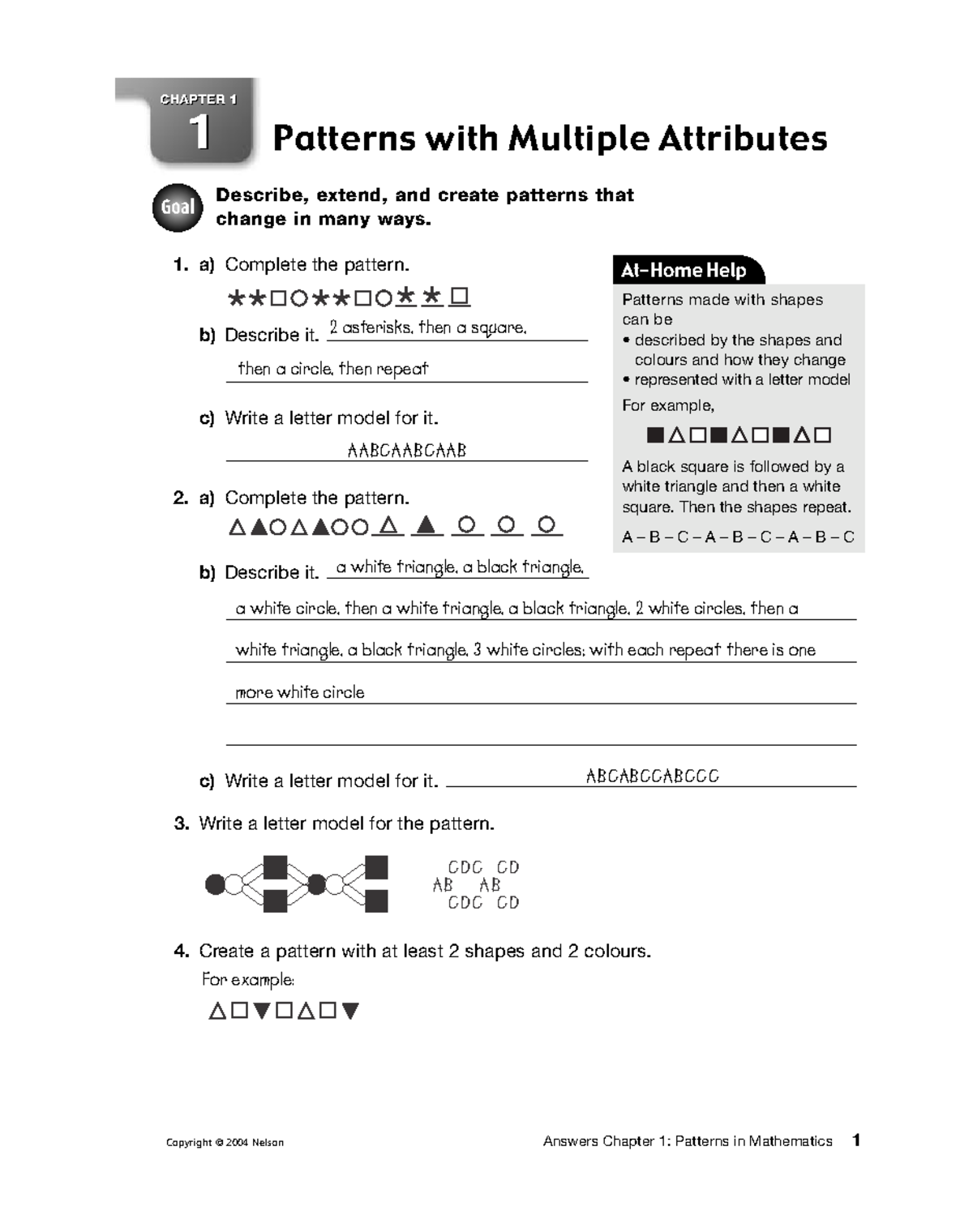 Gr1 Patterns Worksheet - Copyright © 2004 Nelson Answers Chapter 1 ...