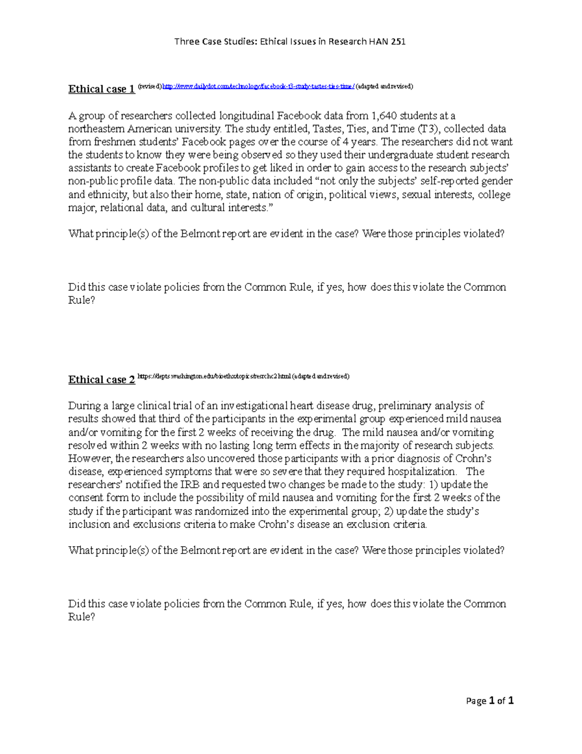 Inclass assignment Case Studies Ethics HAN 251 2021 - Three Case ...