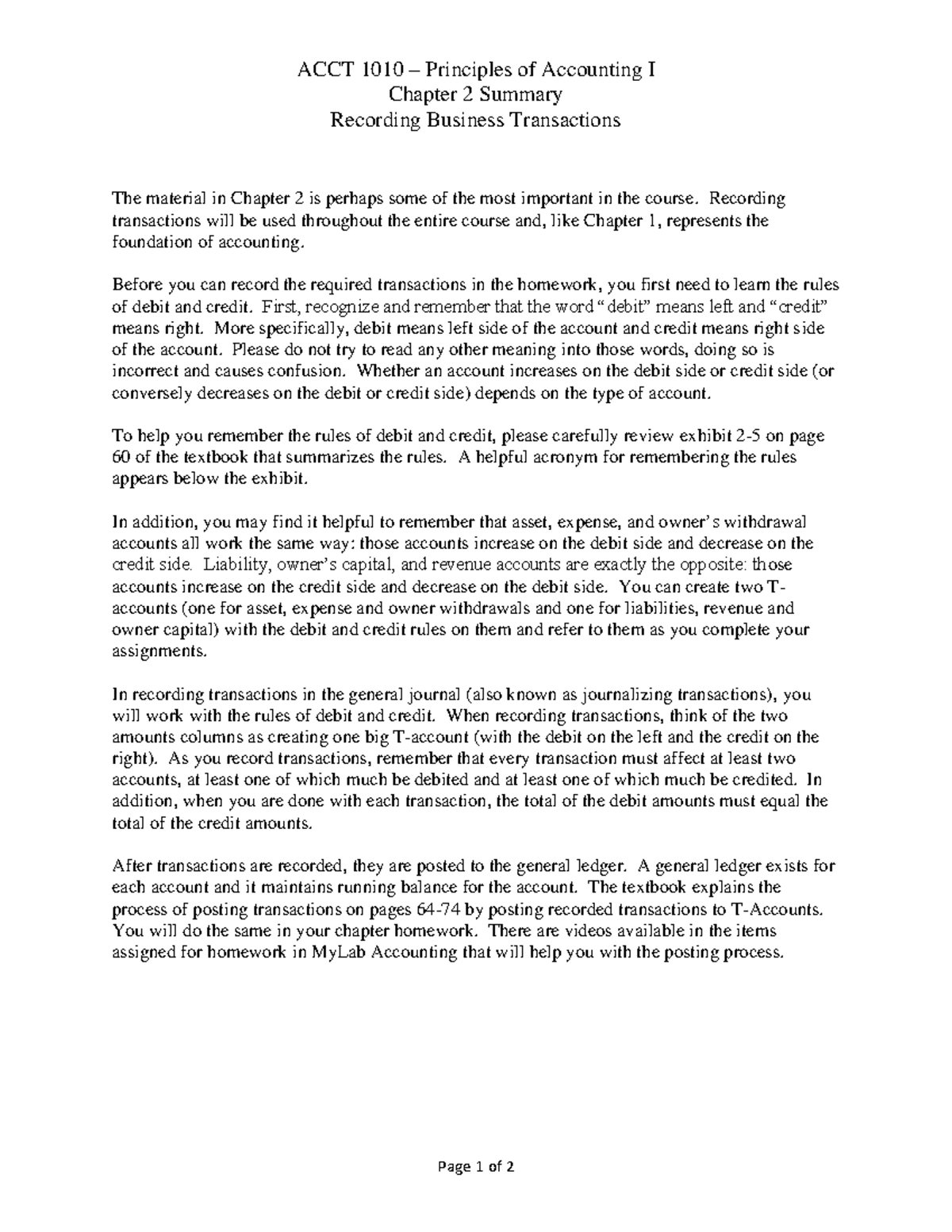 Chapter 2 Summary - ACCT 1010 – Principles of Accounting I Chapter 2 ...